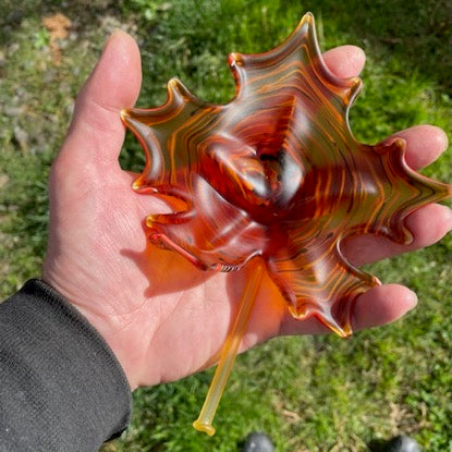 Small Dark Amber Blown and Sculpted Glass Leaf 2305 – Joshua Rodine Glass